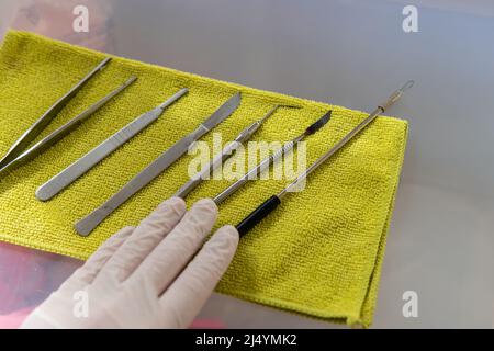 medical metal instrument. Sharp scalpels and tweezers for medical ...