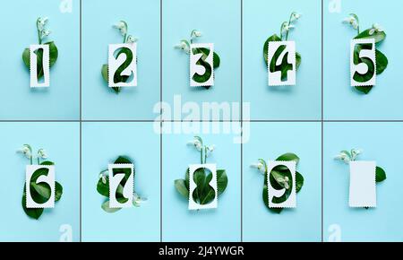 Numbers one to ten and zero outlines on white and red paper. Composite ...