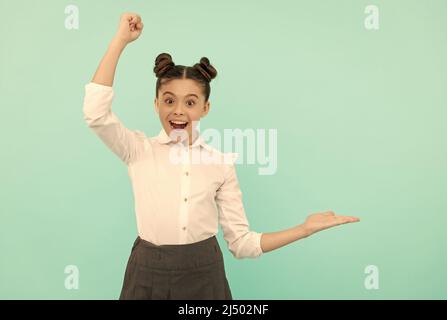 Yippee. Happy kid give winning gesture showing open hand. Celebrating ...