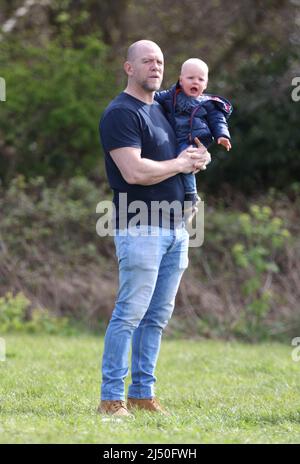 Mike Tindall and his son Lucas watch daughters Lena and Mia on a ...