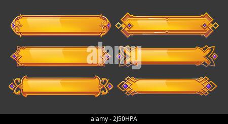 Medieval buttons, ui game menu elements, oblong banners and gold silver ornate rims. Empty royal ...