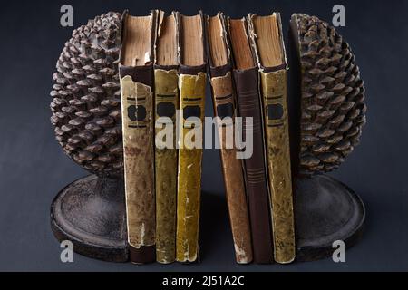 Old dilapidated books stand between holders in the form of spit cones ...