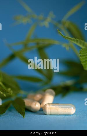 Pharmaceutical CBD oil and capsules on a white laboratory table with ...