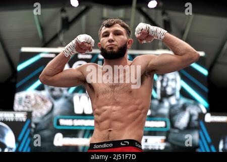 Isaac Lowe poses for photographs during an open workout at BOXPARK ...