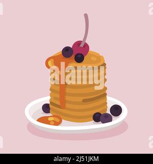 Cute pancakes with syrup and cream isolated on white background. Vector ...