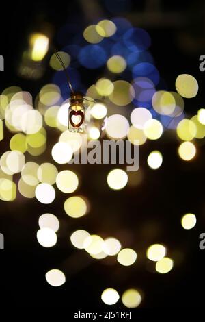 Christmas garland of glass bottles, jars with a plant inside. New year and christmas concept. A ...