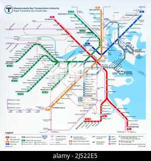 Boston Metro MBTA schematic map including rapid subway system and Green ...