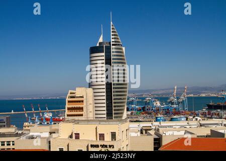 Downtown Haifa and port with the Sail Tower in the foreground Stock ...