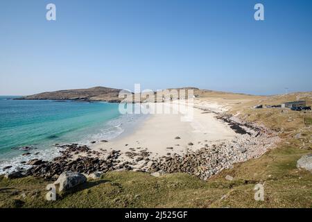 Beach at Huisinis on Isle of Lewis, Scotland on a sunny blue sky day ...