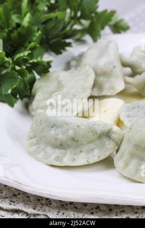 Fresh Green Spinach Dumplings on Plate – Healthy Chinese Food Stock ...