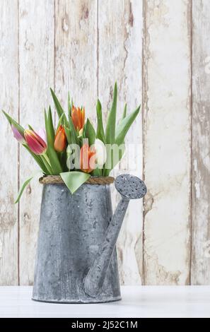 Bouquet of pink tulips in silver watering can. Spring decor Stock Photo ...