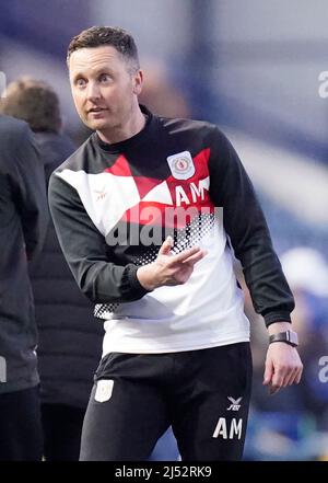 Alex Morris manager of Crewe Alexandra watches on during the Sky Bet ...