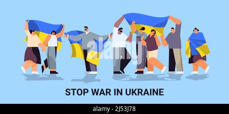 mix race people holding Ukrainian flag pray for Ukraine peace save ...
