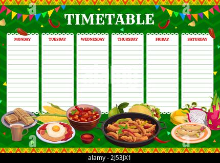 Weekly meal planner with Mexican Tex Mex food characters, vector week ...