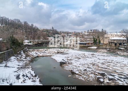 Panoramic view of Kutaisi with the Rioni River and the White bridge ...