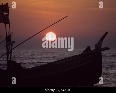 A local Balami Nouka fishing boat moored off Cox's Bazar beach ...