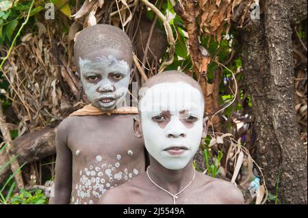 Two Surma children with body paintings, Tulgit, Omo River Valley ...