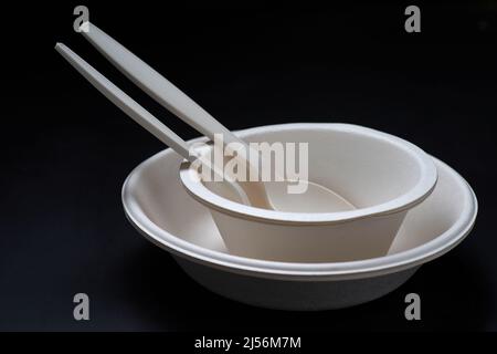 Paper dish and bowl with the disposable spoons Stock Photo - Alamy