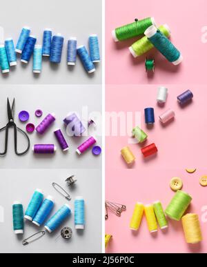 Collage with different threads and tailoring supplies on orange ...