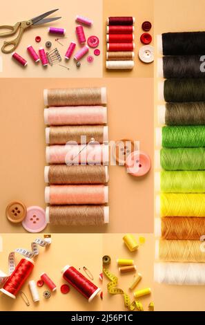Collage with threads and tailoring supplies on color background, top ...