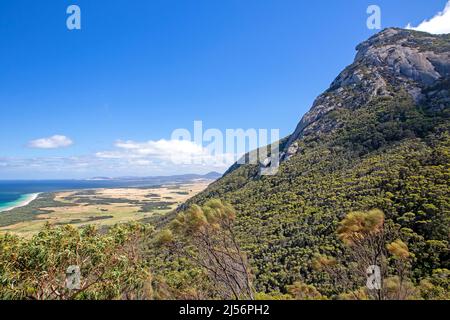 View north from the slopes of the Strzelecki Peaks on Flinders Island ...