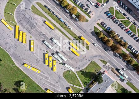 aerial top view of bus depot with garages and parked buses Stock Photo ...