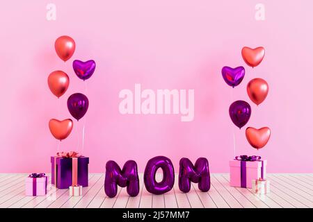 Happy mothers day Celebration, Balloon Mom text with gift box, heart ...