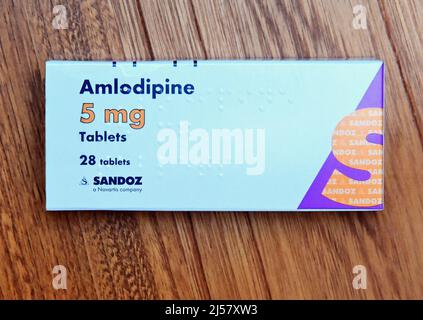 Photograph of Pack of Amlodipine 5mg Tablets. 28 tablets. Sandoz a ...