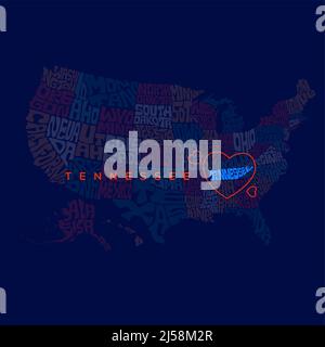 Tennessee map with red heart lettering. US map states name typography ...