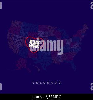 Colorado state map typography. US map lettering with all states' names ...