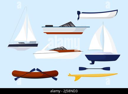 Cartoon boat types. Marine boats with paddles, color canoes and ...