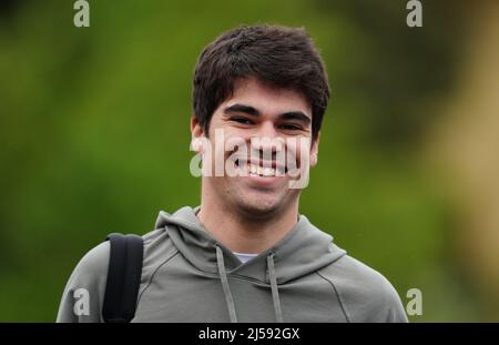 Aston Martin driver Lance Stroll of Canada arrives in the paddock prior ...