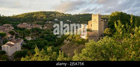 View of the castle and the medieval village of Esparron du Verdon in ...