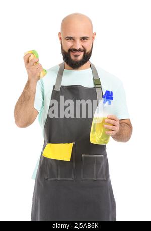 Bald man with cleaning supplies isolated on white Stock Photo - Alamy
