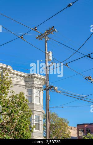 Cables above an intersection used to power the public cable cars of San ...