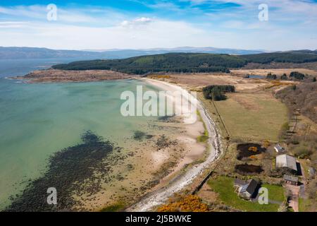 Aerial view from drone of Kilbride Bay beach near Tighnabruaich, Cowla ...