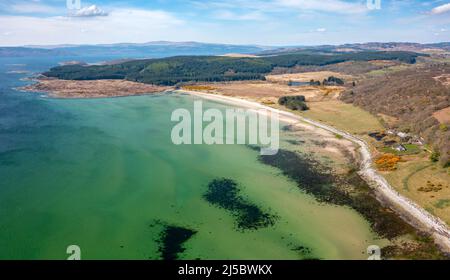 Aerial view from drone of Kilbride Bay beach near Tighnabruaich, Cowla ...
