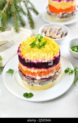 Delicious healthy beetroot salad with egg, cucumber, red and yellow ...