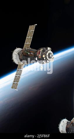 The Soyuz MS-19 crew ship and Prichal docking module are pictured ...