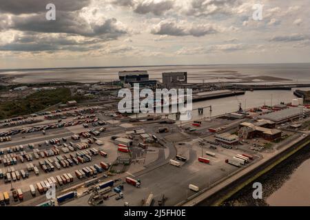 Aerial drone view of Ro-Pax cargo passenger ferry ship transporting ...