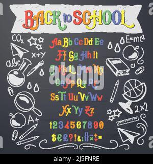 Chalk alphabet letters and numbers on blackboard with uppercase and ...