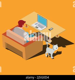 Man programmer back working on his PC computer. Coding and programming. Office interior ...