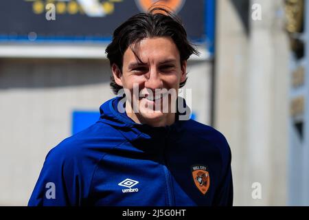 Alfie Jones #5 of Hull City arrives at The MKM Stadium ahead of the ...