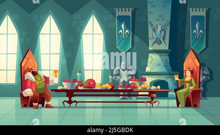 Feast table with food in castle dining room with utensil, goblets and ...