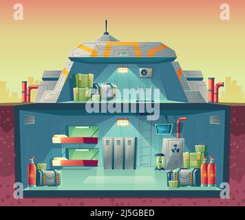 Underground bunker interior design. Vector cartoon illustration of ...