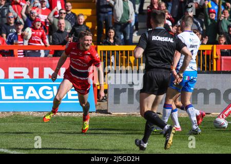 Ethan Ryan #23 of Hull KR celebrates his first try of the match Stock ...