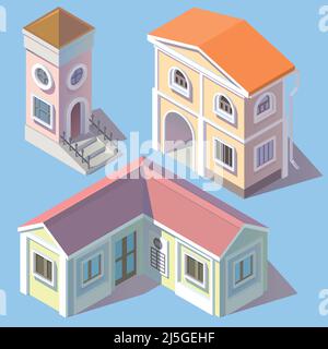 Set of isometric cartoon-style buildings, trees and cars. Architecture ...