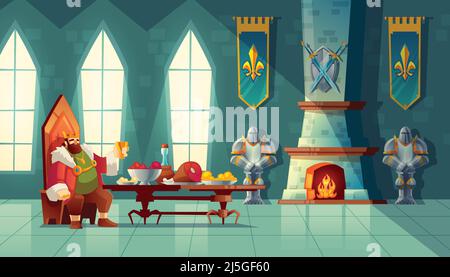 Feast table with food in castle dining room with utensil, goblets and ...