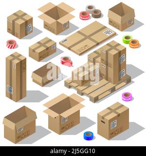 Carton packages with adhesive tape for delivery icons. Set of postal ...