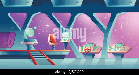 Cartoon spaceship control panels, chair, door and porthole. Futuristic ...